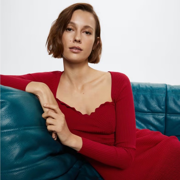Mango | Dresses | Mango Red Knit Midi Sweetheart Neckline Xs | Poshmark